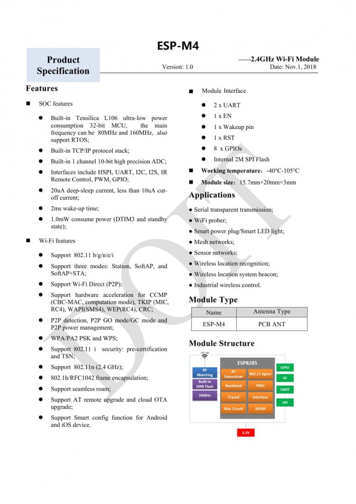 ESP-M4 datasheet page 1