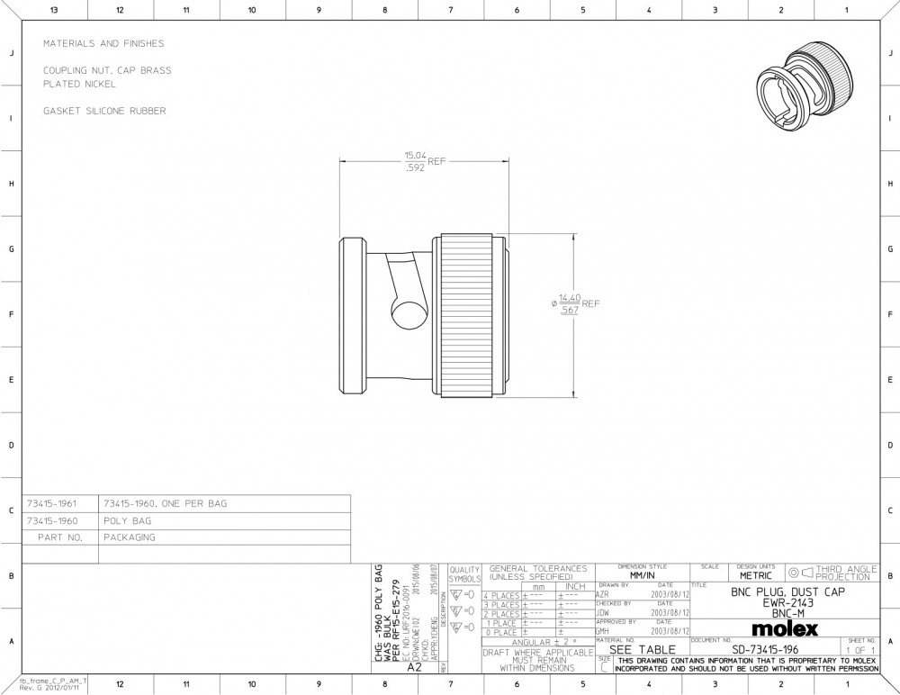 Drawing image for BNC plug dust cap model 0734151960