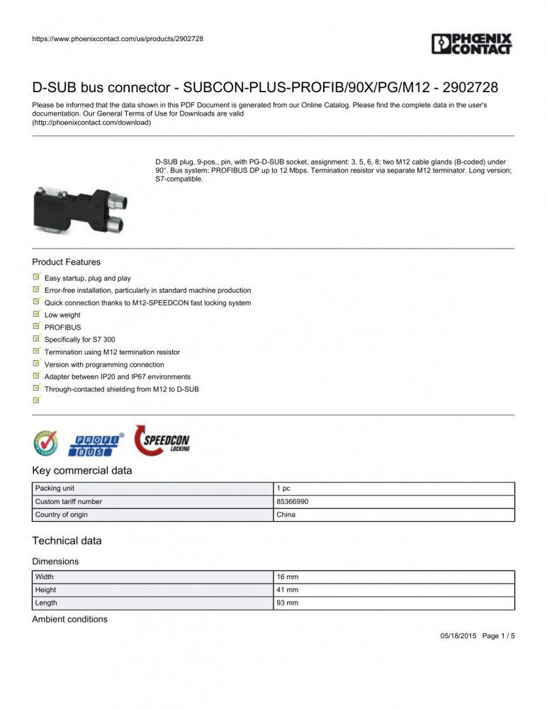 Phoenix Contact 2902728 product documentation page 1