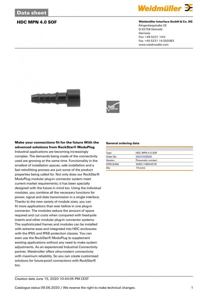 WEIDMULLER 2637430000 technical document page 1