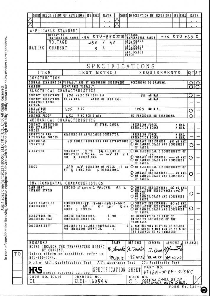 HRS DF1BA-3EP-2.5RC specification sheet preview