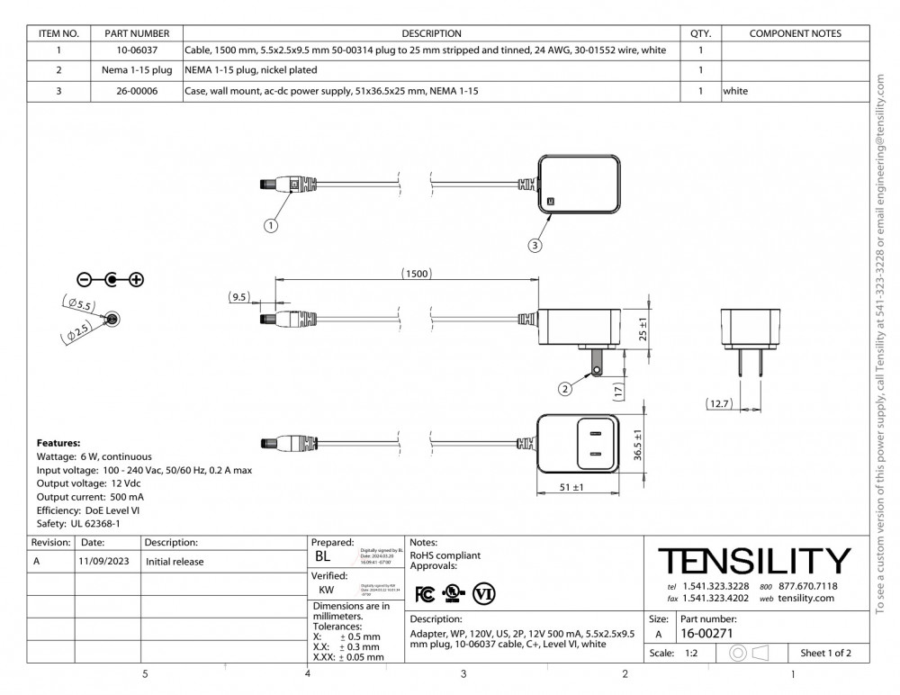 Tensility International 16-00271 product drawing and specifications, page 1