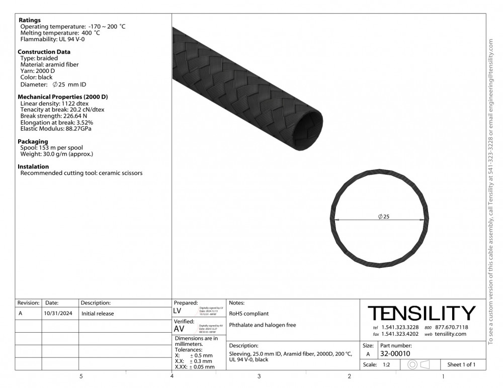 Tensility International 32-00010 product drawing showing 25.0 mm ID aramid fiber sleeving