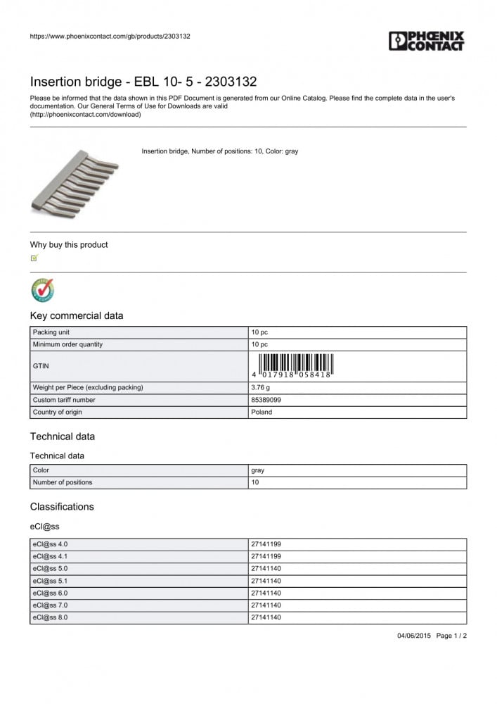Phoenix Contact EBL 10-5 2303132 document page 1