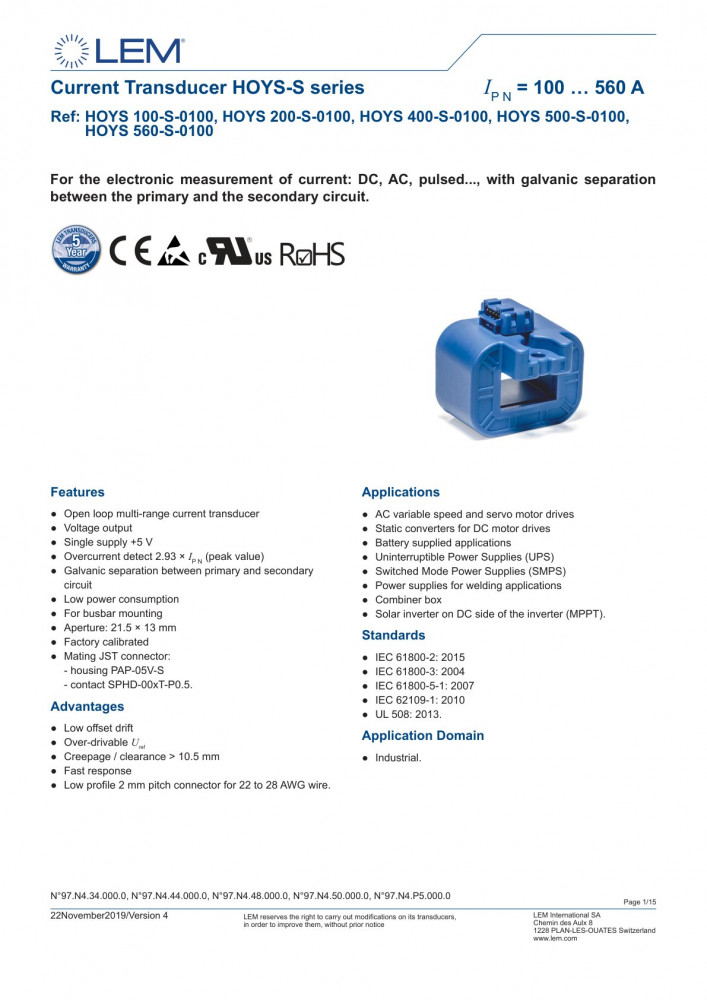 HOYS-S datasheet page 1