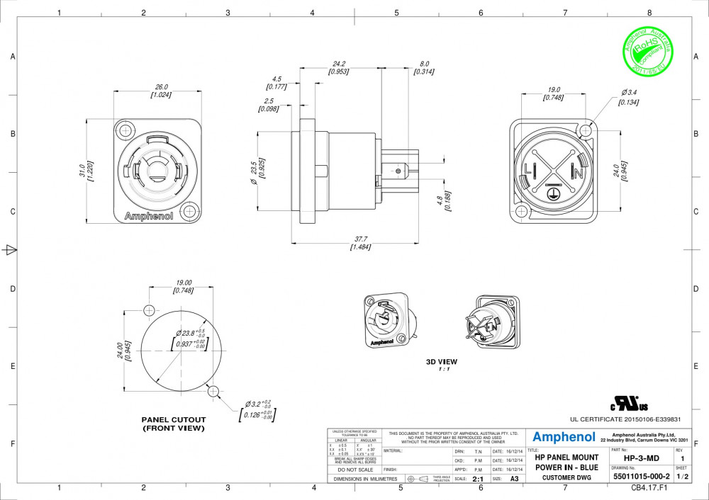 Amphenol HP-3-MD technical drawing preview
