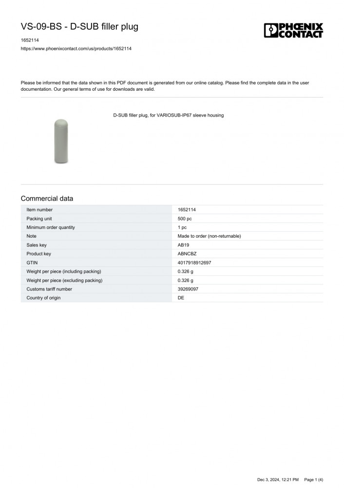 Phoenix Contact 1652114 technical document page 1