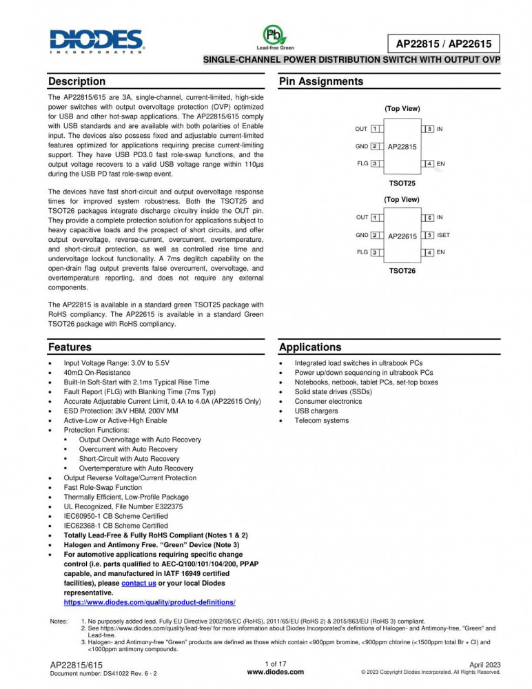 AP22815AWT-7 datasheet page 1
