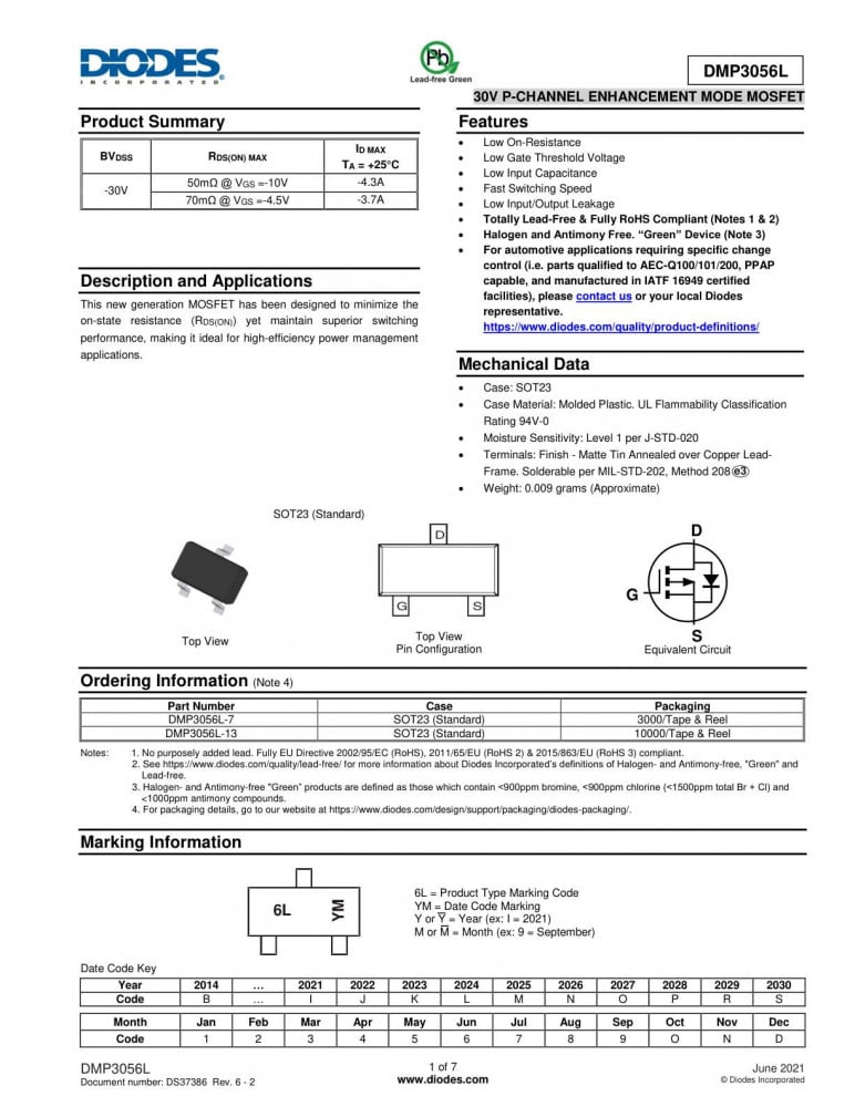 DMP3056L-7 datasheet page 1