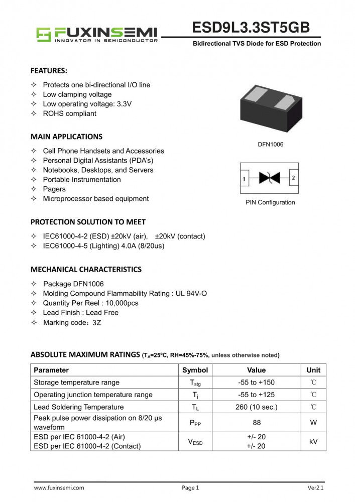 ESD9L3.3ST5GB datasheet page 1