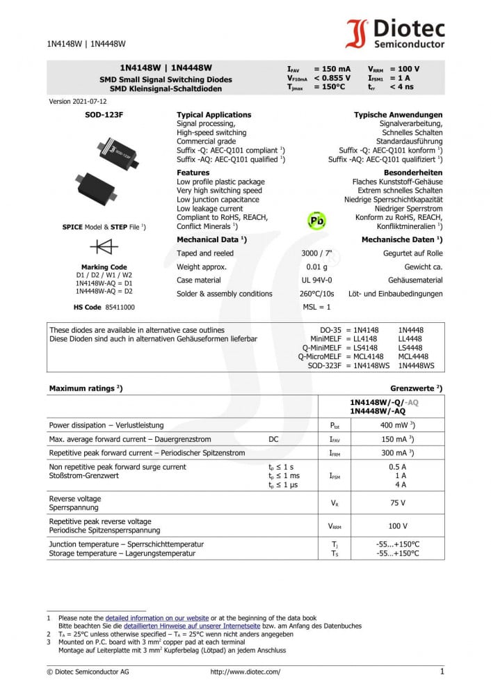 DIOTEC 1N4448W datasheet page 1