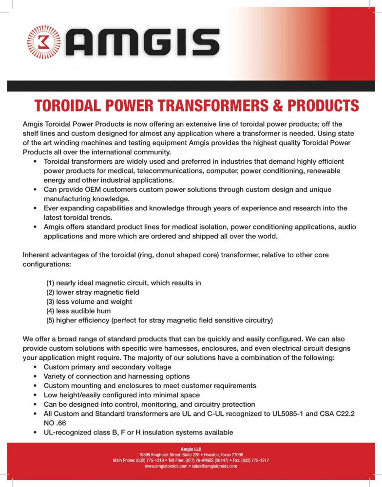 Amgis toroidal transformer product specification page