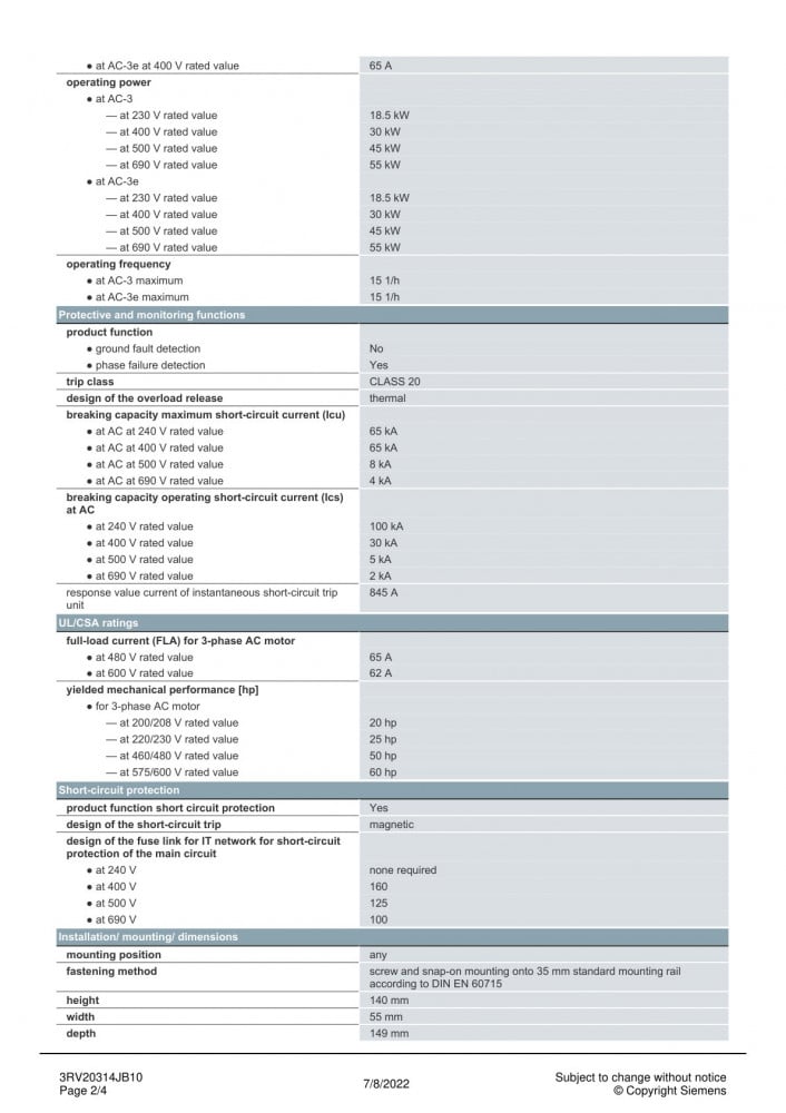 3RV20314JB10 technical document page 2