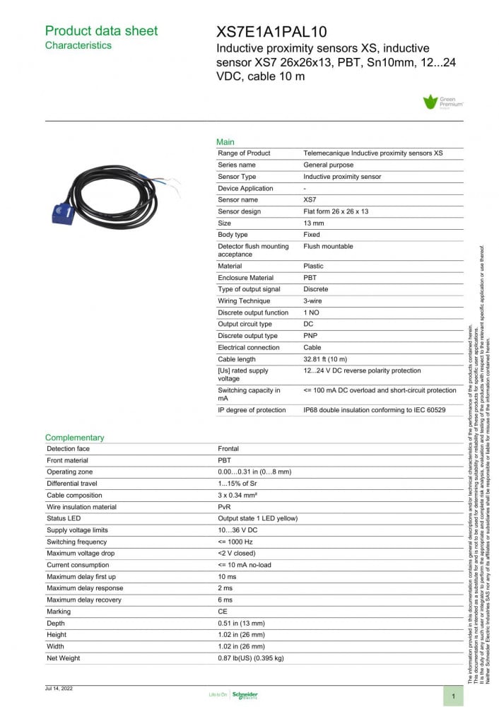 XS7E1A1PAL10 technical document page 1