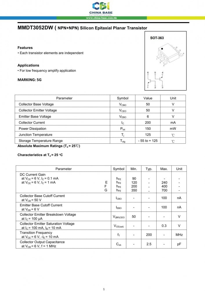 MMDT3052DW datasheet page 1