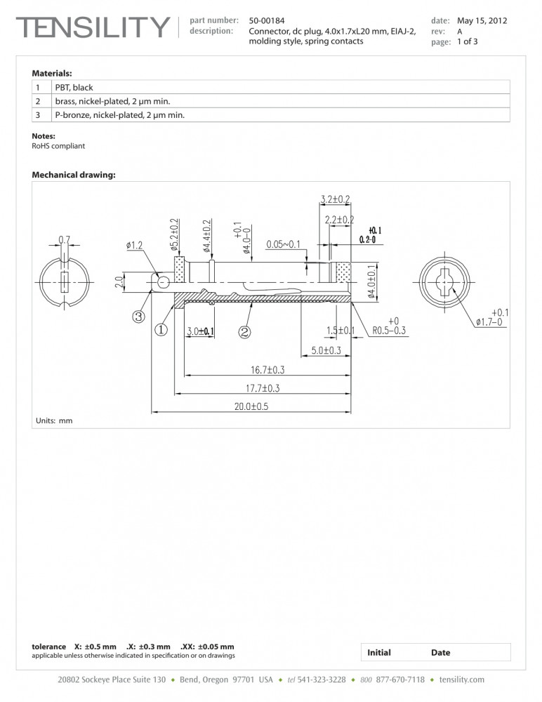 50-00184 product specification page 1