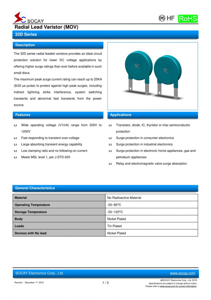 SOCAY 32D Series MOV datasheet page 1