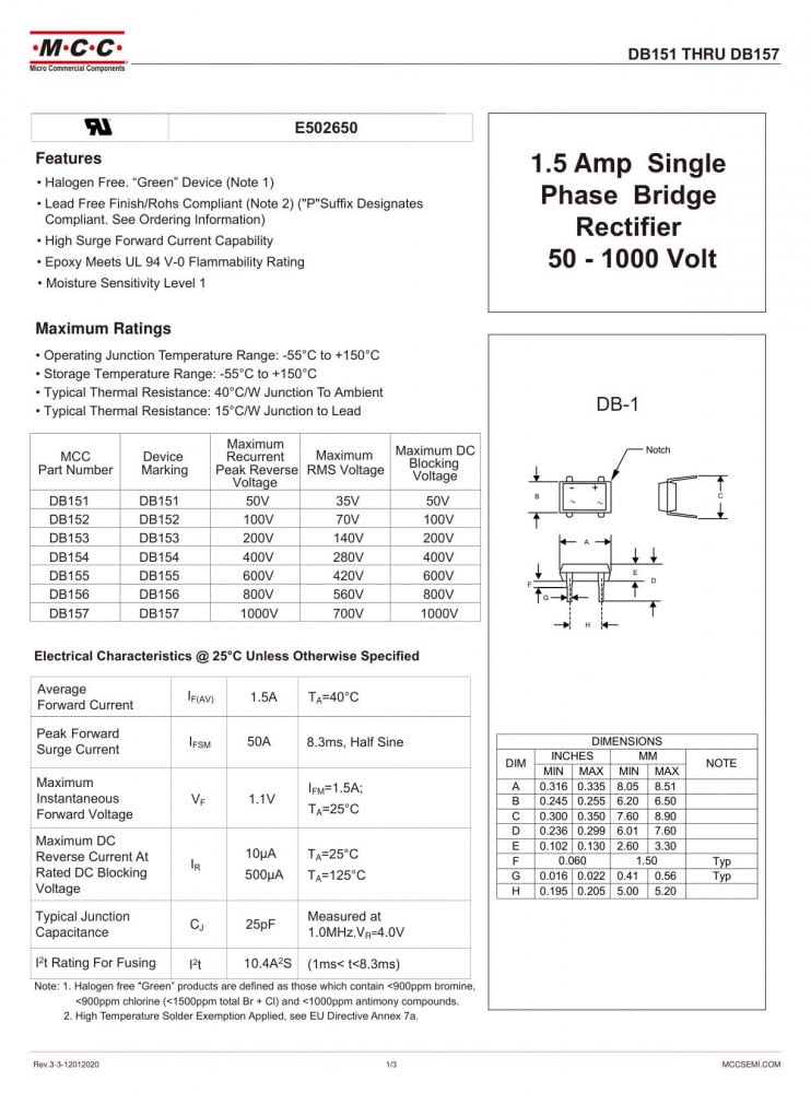 MCC DB157-BP datasheet page 1