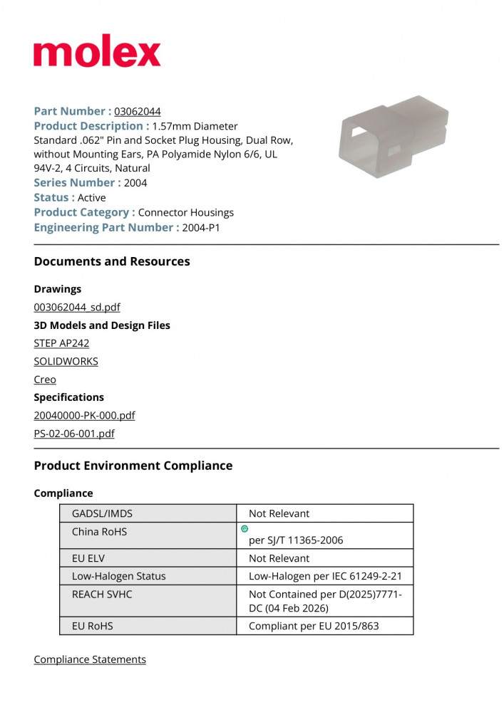 Molex .062 miniature connector specification, page 1