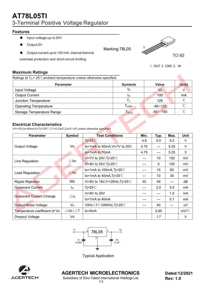 AT78L05TI datasheet page 1