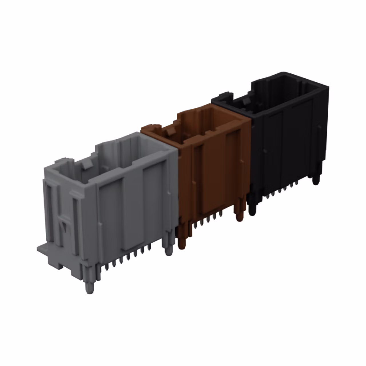 Stac64 4 Bay Right-Angle Headers 54 Circuits, Bay A 20 Circuit Signal Header, Polarization B, Gray; Bay B 16 Circuit Signal Header, Polarization A, Black; Bay C 8 Circuit Signal Header, Polarization A, Black; Bay D 10 Circuit Power Header, Polarization A, 