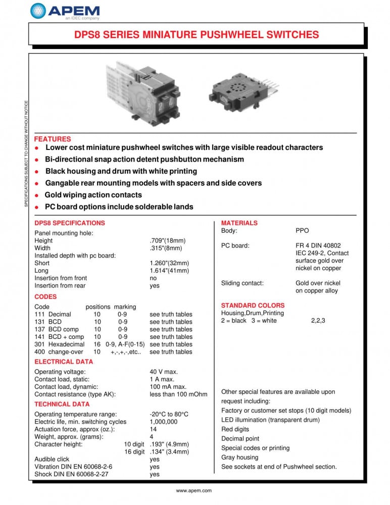 APEM DPS8 datasheet page 1