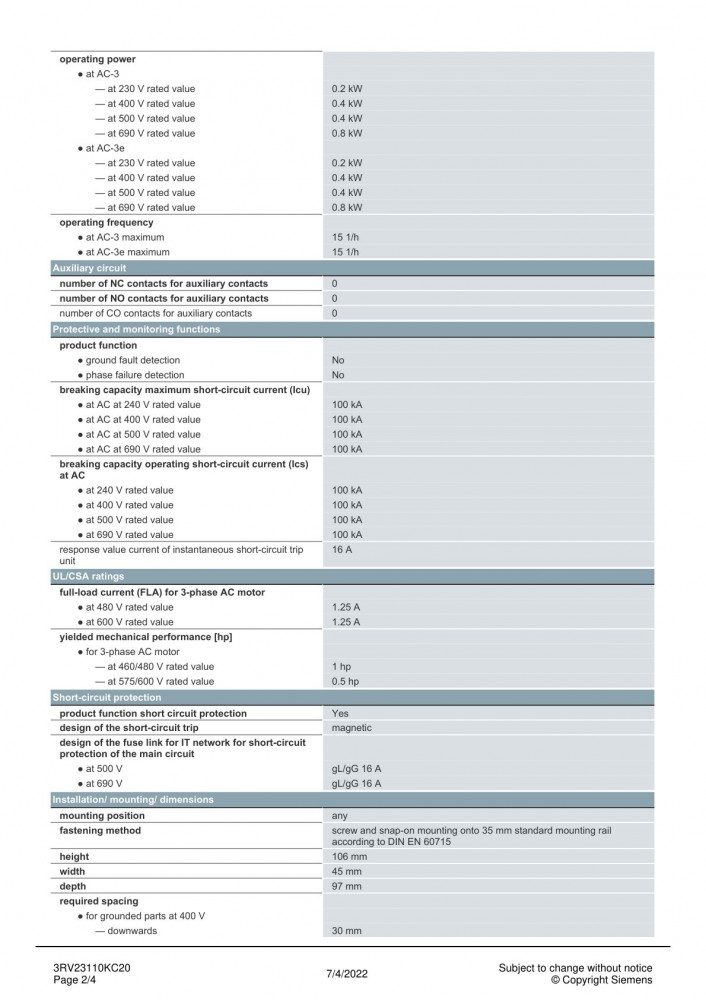 3RV23110KC20 technical document page 2
