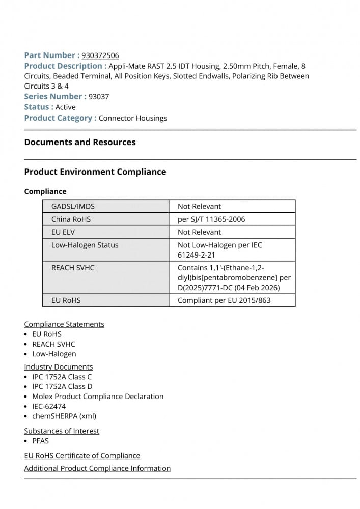 MOLEX product document page 1 for part 930372506