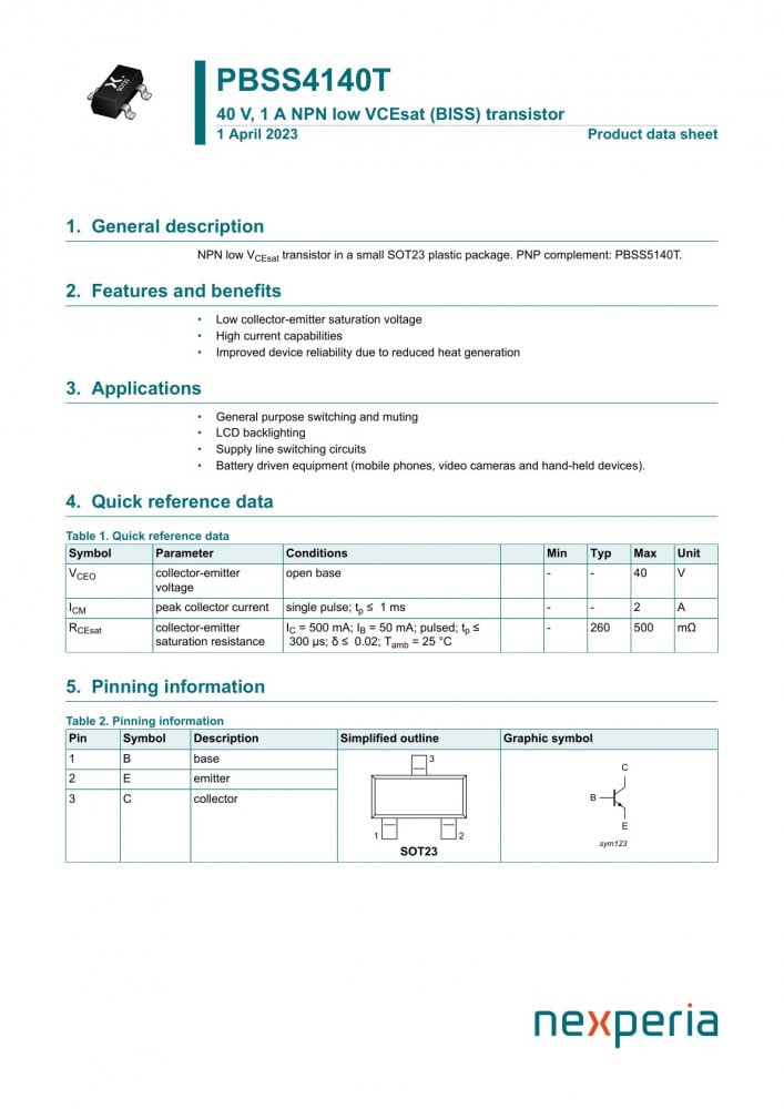 PBSS4140T datasheet page 1