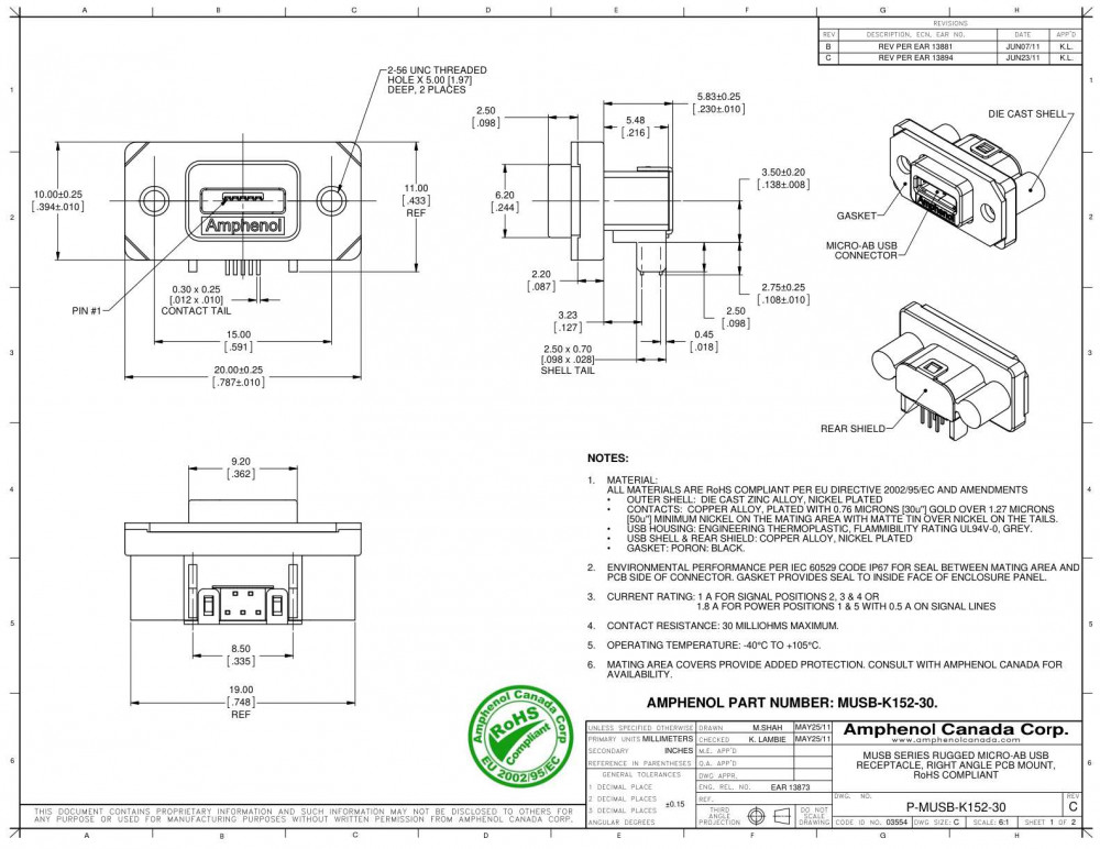 Amphenol MUSB-K152-30 technical drawing page 1