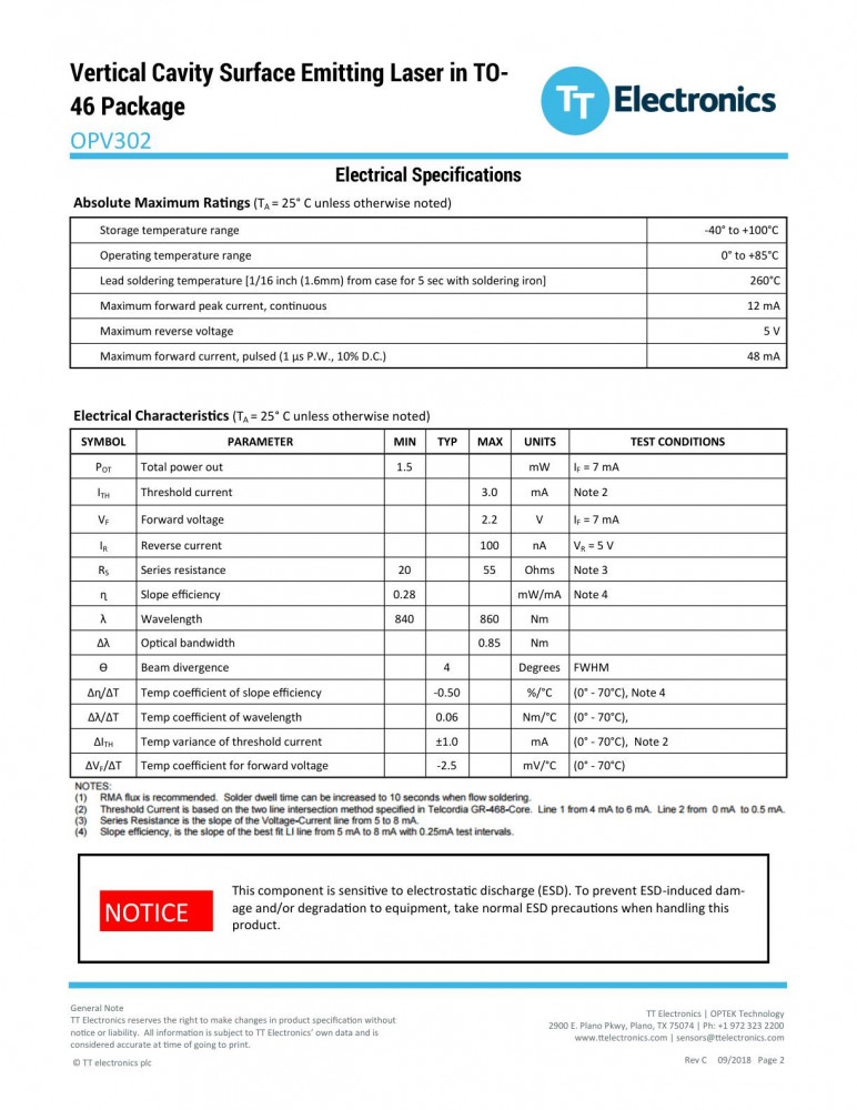 OPV302 technical document, page 2