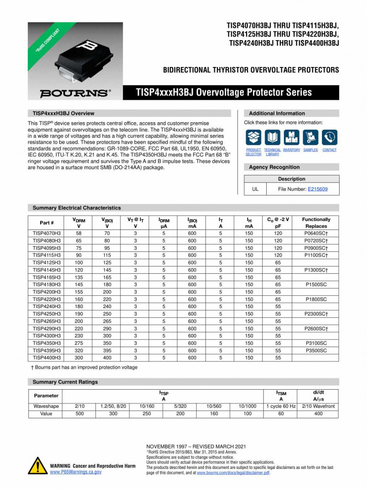TISP4070H3BJR-S datasheet page 1