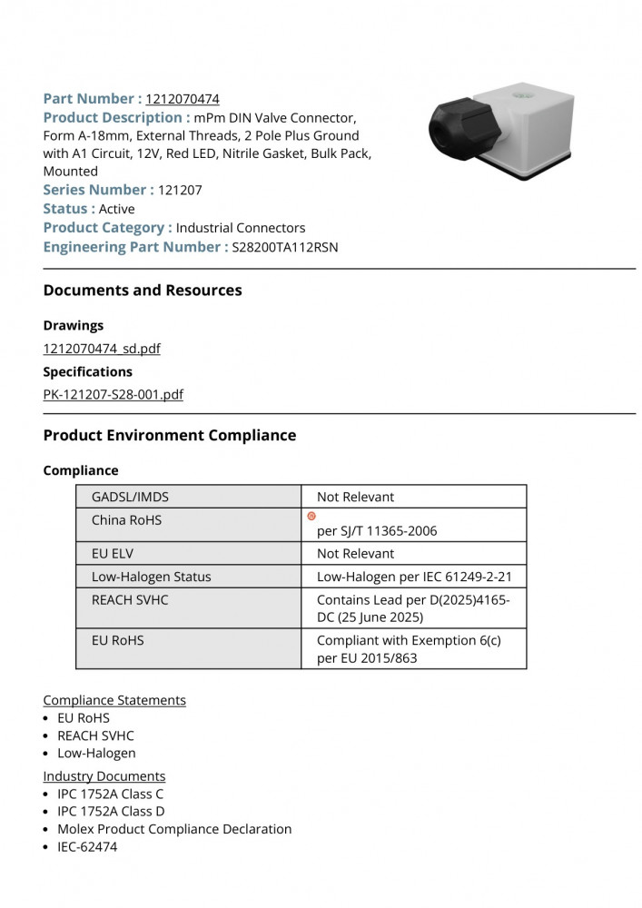 MOLEX S28 DIN valve connector packaging specification page image 1