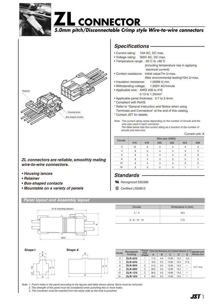 JST ZL connector datasheet page 1
