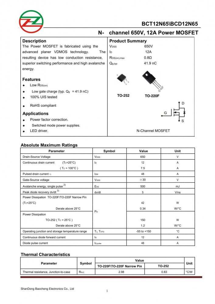 BCT12N65 datasheet page 1