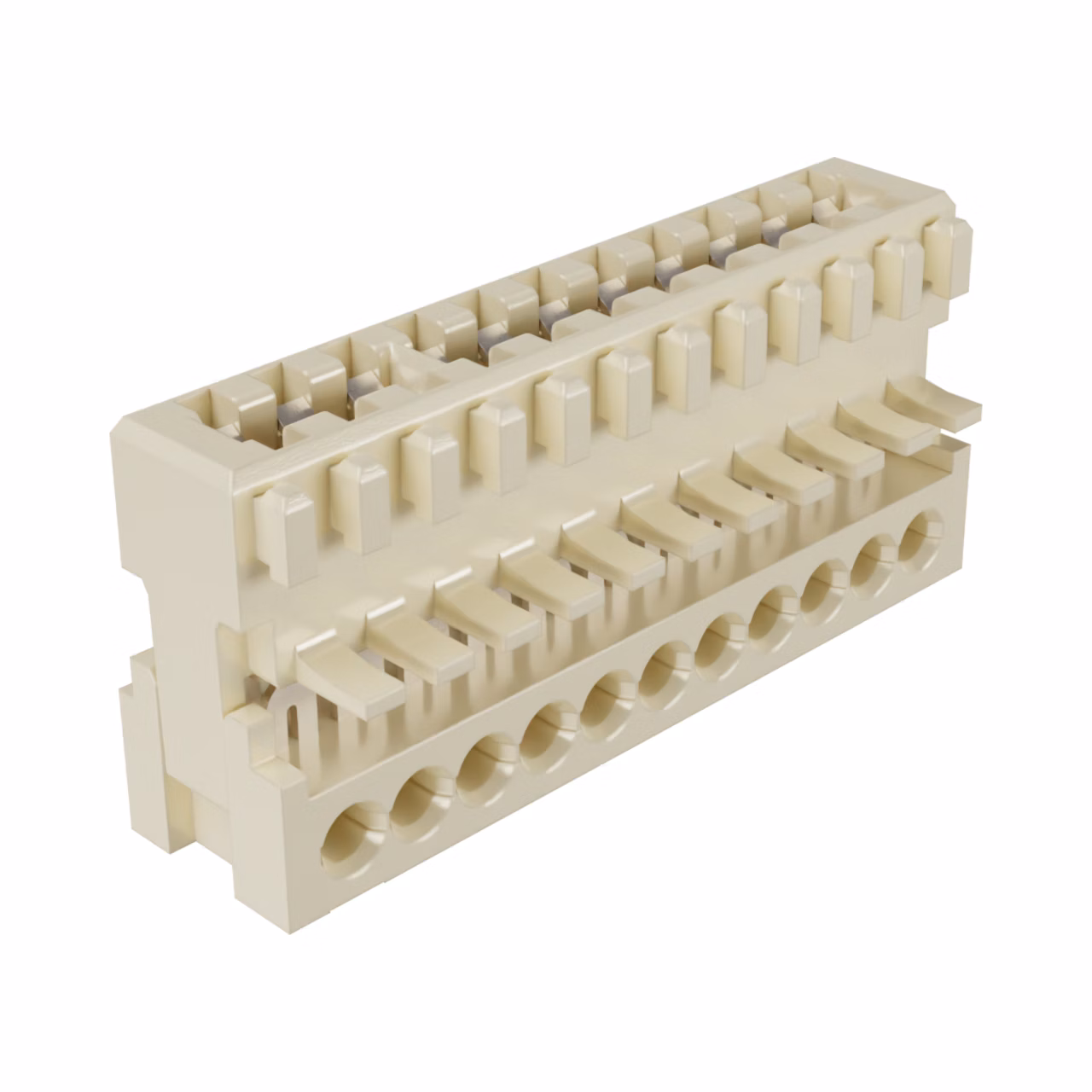 Appli-Mate RAST 2.5 Connector, 2.50mm Pitch, Female, 12 Circuits, Circuit 2 and 11 Voided, Polarizing Rib Between 5/6, Latch at Circuit 2 and 11, Closed Endwalls, Gold Plating