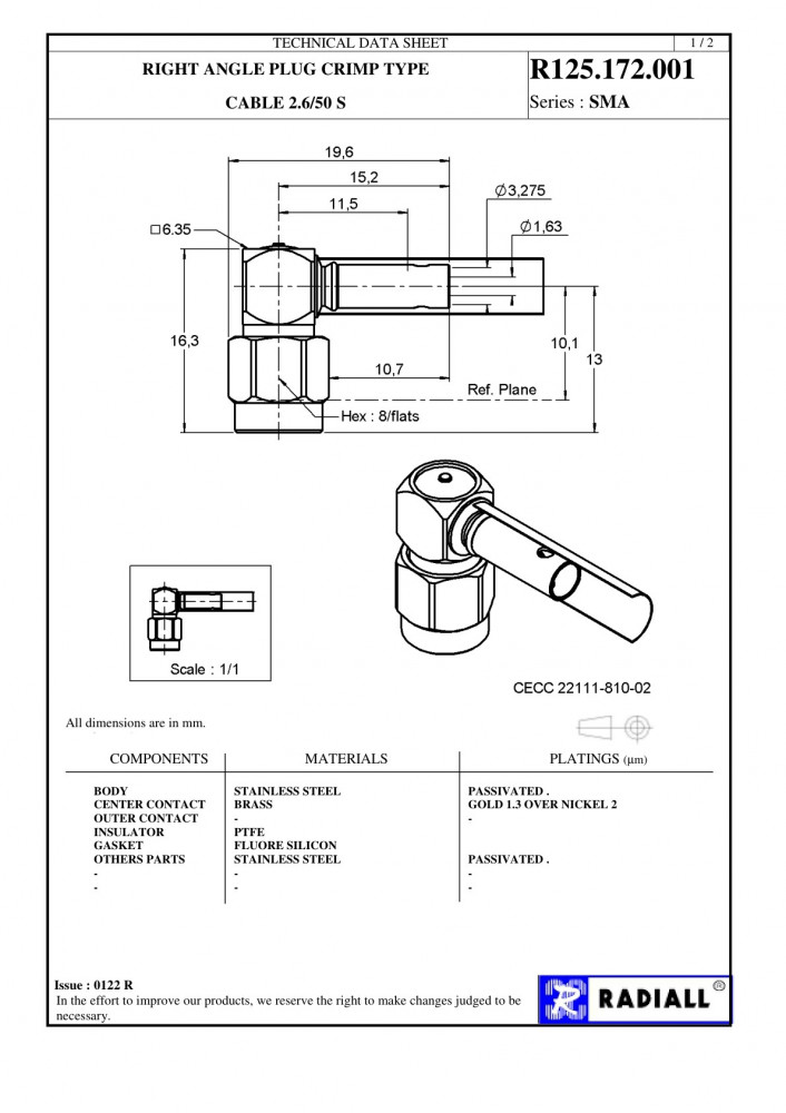 Radiall R125172001 technical data sheet, page 1