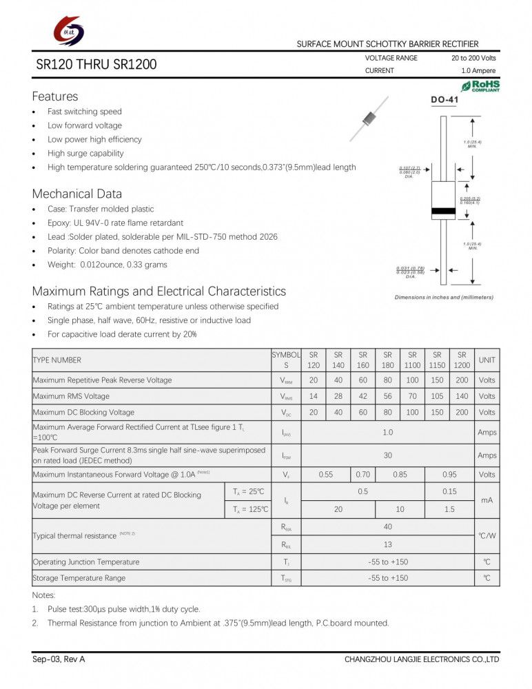 LangJie SR160 datasheet page 1