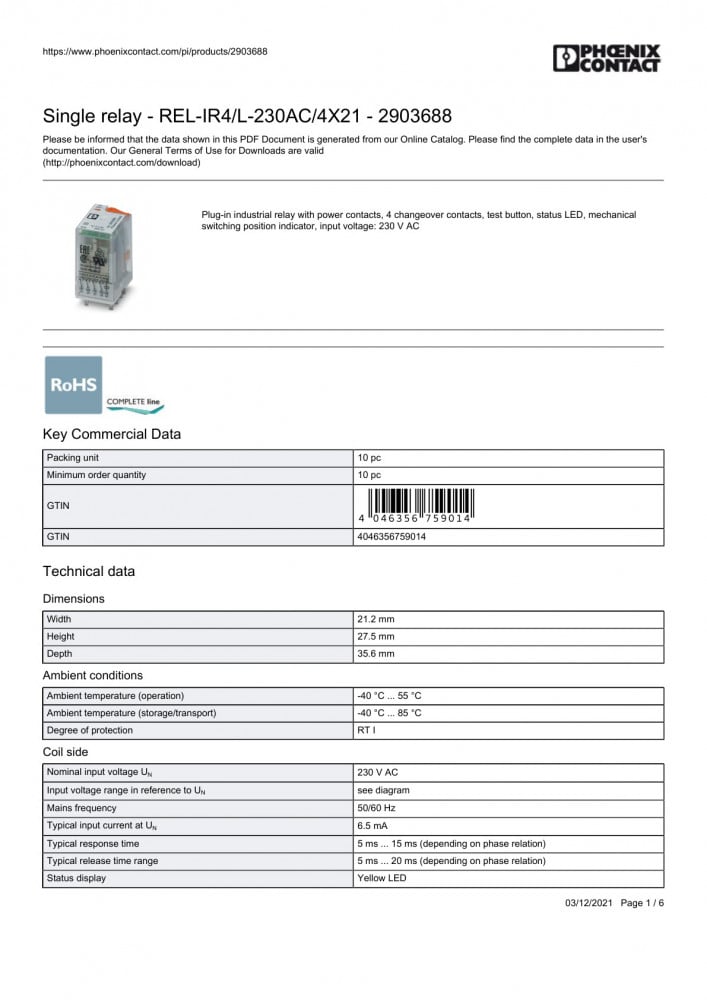 Phoenix Contact 2903688 technical document page 1