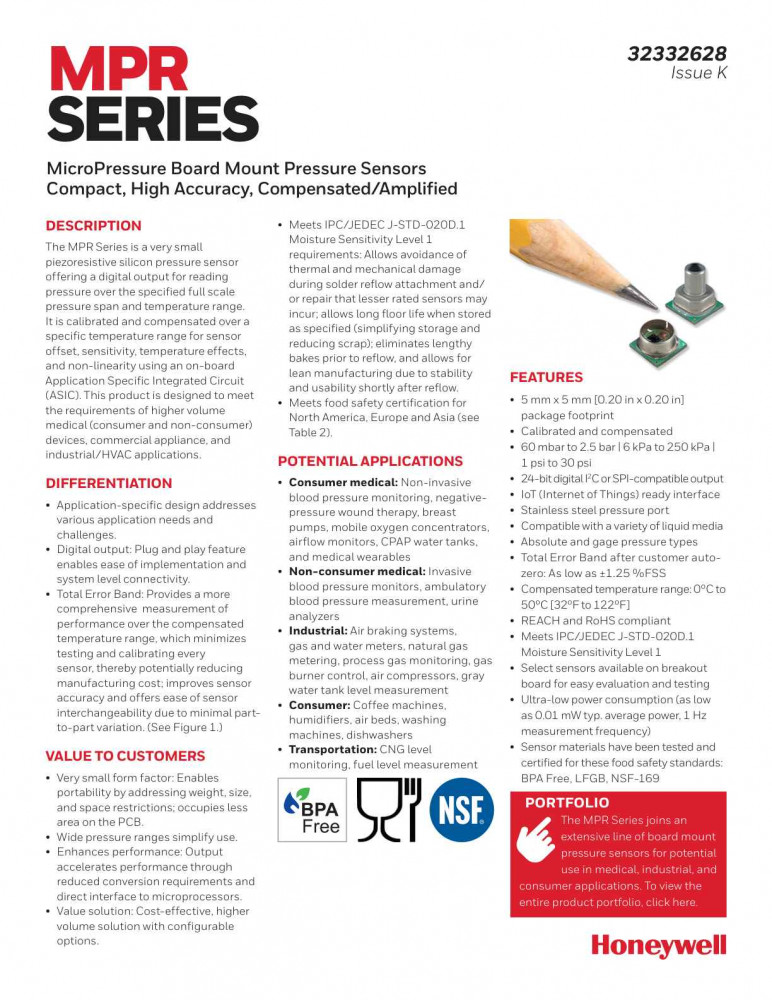 Honeywell MPR Series datasheet page 1