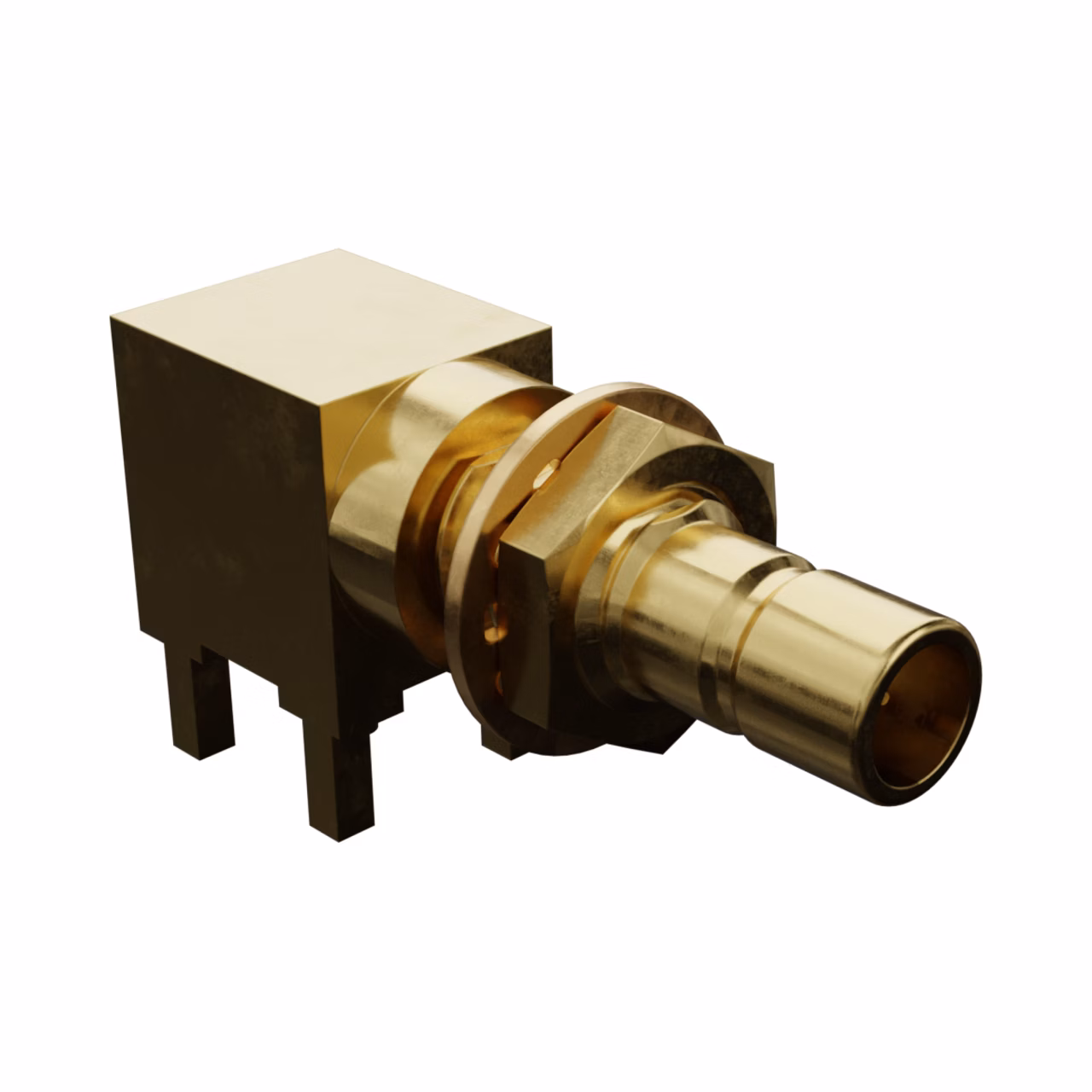 SMB Jack, Right-Angle, Bulkhead Receptacle, PCB, Through Hole, Brass Body, Gold (Au) Plated, with Nut and Lockwasher, Tray, 50 Ohms for sale