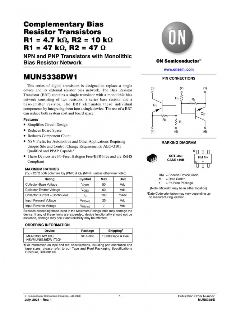NSVMUN5338DW1T3G datasheet page 1
