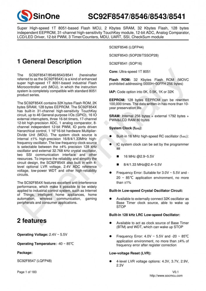 SC92F8546 technical document preview, page 1