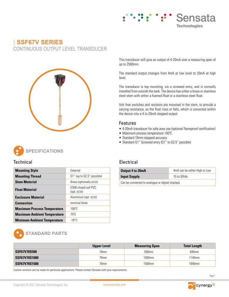 Sensata SSF67V70S500 technical document page 1