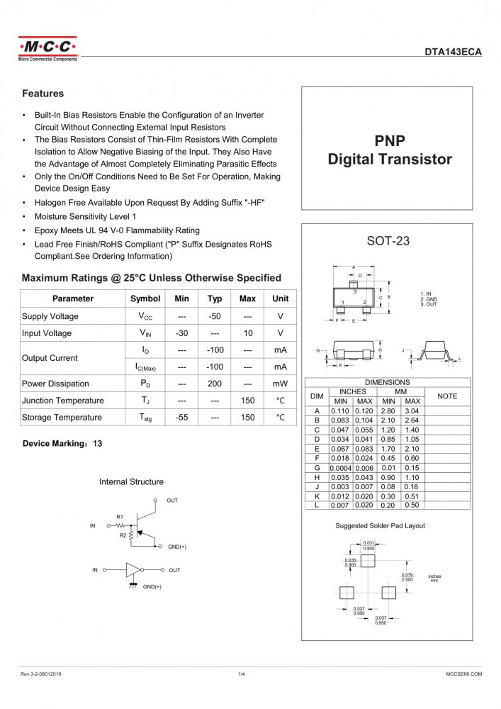 DTA143ECA-TP datasheet page 1