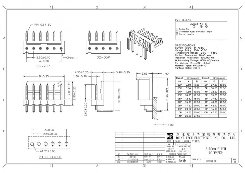 Joint Tech A2503WR series 2.50 mm pitch 90 degree wafer drawing