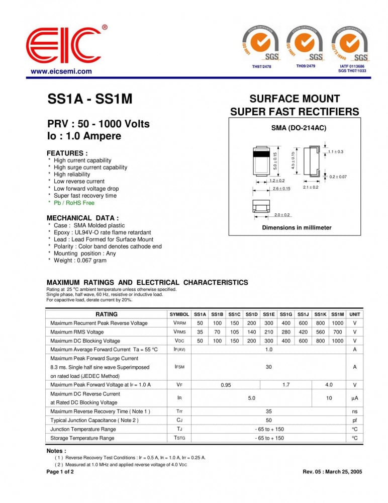 EIC SS1J datasheet page 1