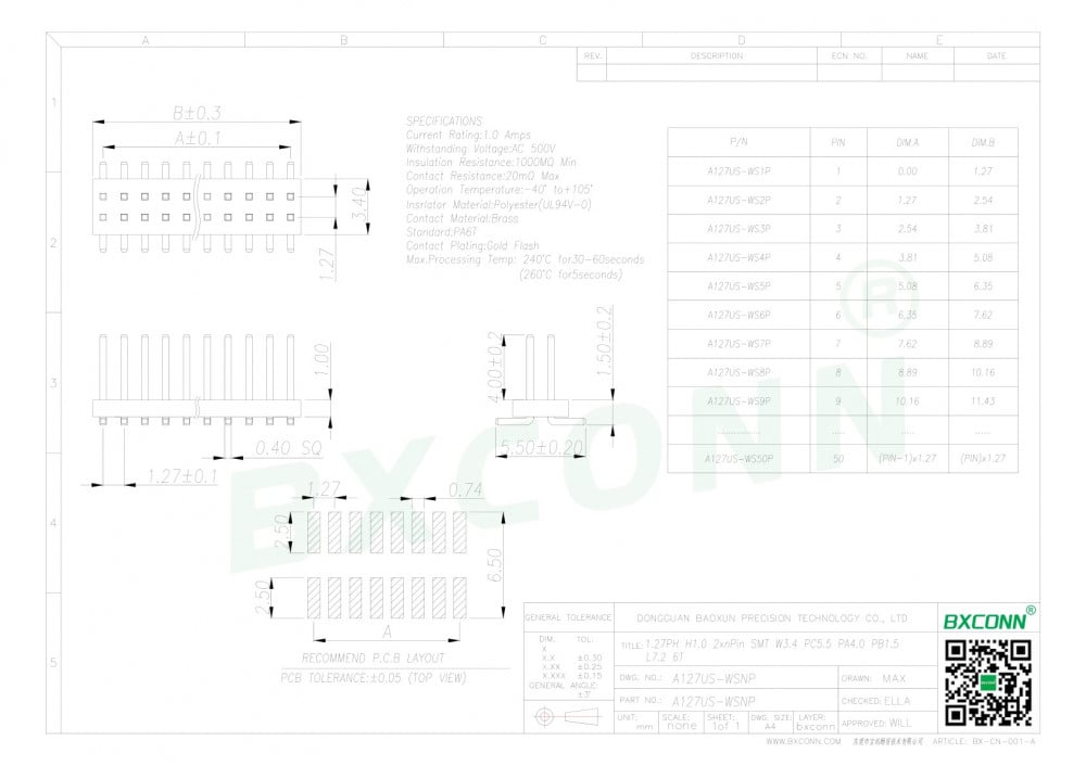 BXCONN A127US-WS02P technical drawing