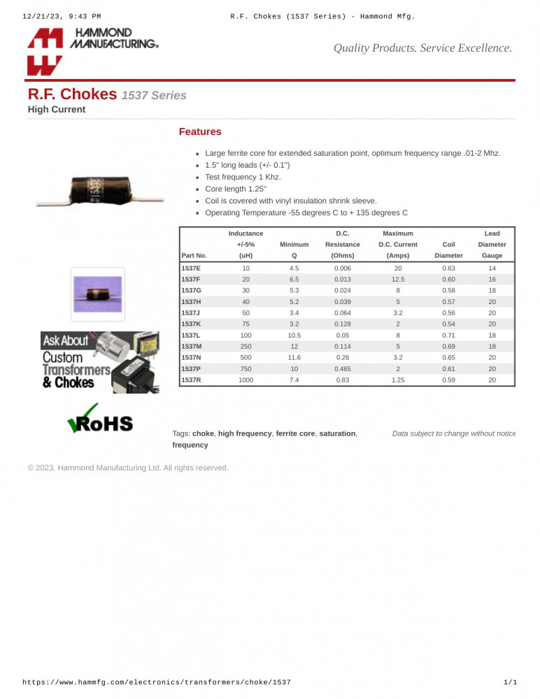 Hammond 1537 series technical document page 1
