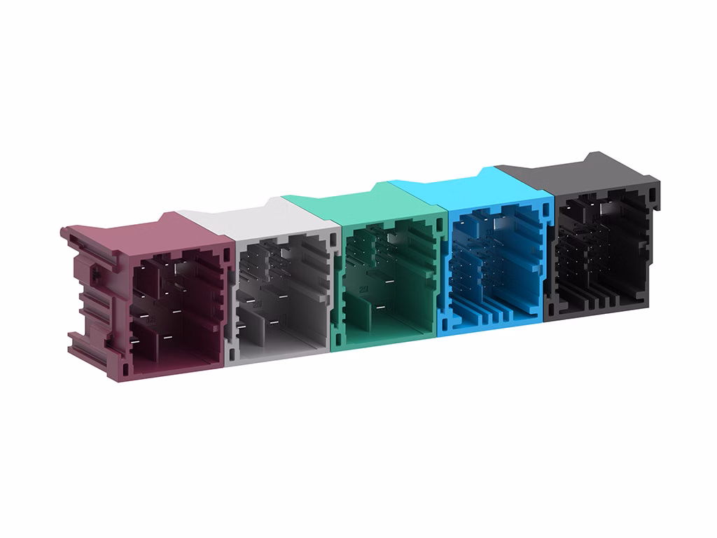 stAK50h 5 Bay Right-Angle Hybrid Header, 143 Circuits, Bay 1: 32 Circuits/Key 3/Dark Gray; Bay 2: 32 Circuits/Key 4/Purple; Bay 3: 27 Circuits/Key 3/Blue; Bay 4: 27 Circuits/Key 1/Black; Bay 5: 25 Circuits/Key 1/Green; Tube